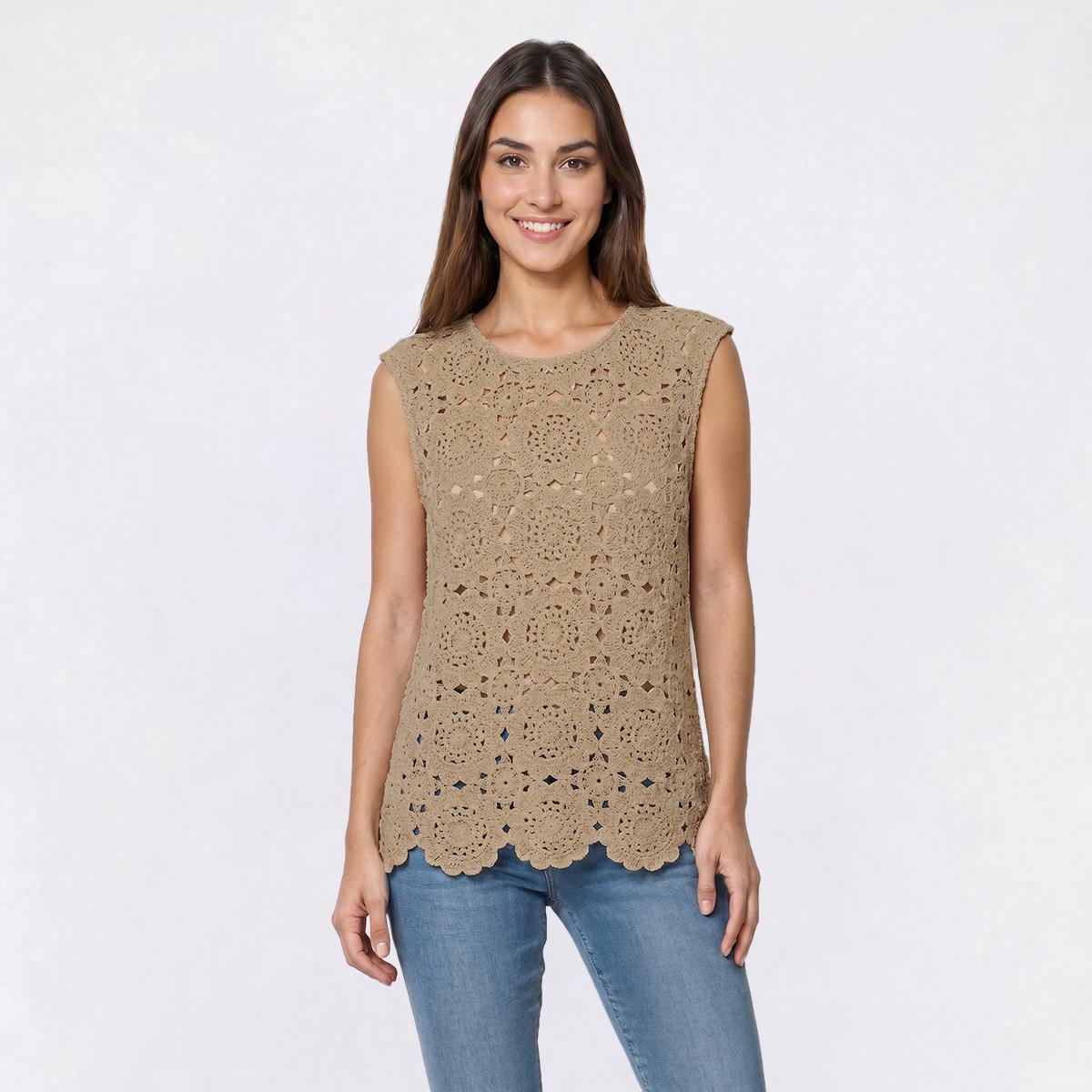 Click here for Womens Kasper Sleeveless Allover Floral Crochet Bl... prices